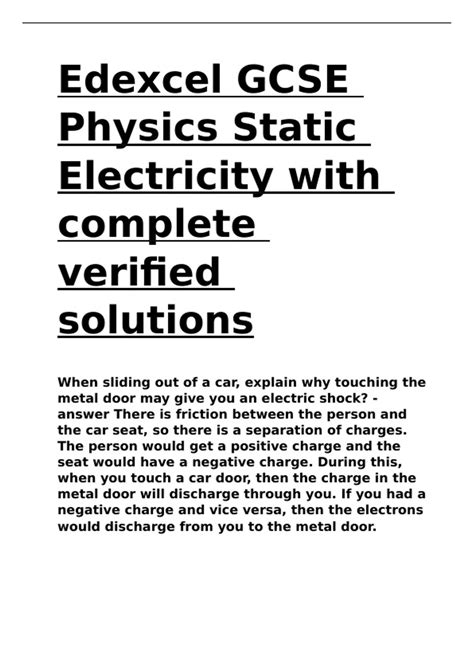 Edexcel Gcse Physics Static Electricity With Complete Verified Solutions Static Electricity