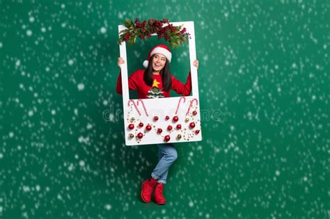 Full Length Photo Of Pretty Dreamy Girl Dressed Ugly Print Red X Mas Pullover Rising Decorations