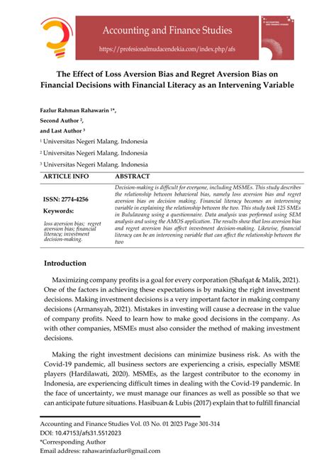 Pdf The Effect Of Loss Aversion Bias And Regret Aversion Bias On Financial Decisions With