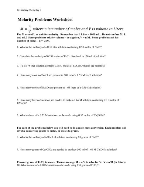 Molarity Worksheet 1 Answer Key Chemistry Free Worksheets Printable