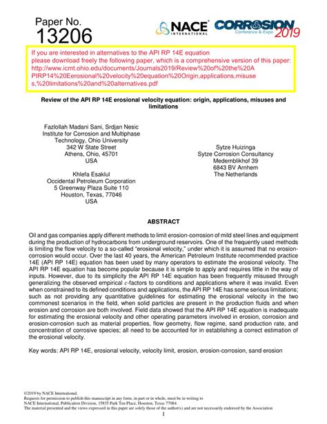 Pdf Review Of The Api Rp 14e Erosional Velocity Equation Origin
