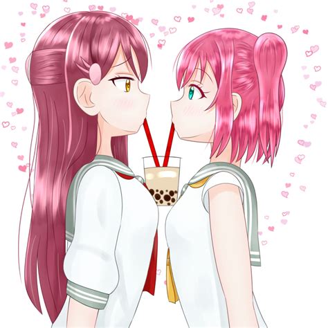 Safebooru 2girls Arms At Sides Blue Eyes Blush Breasts Bubble Tea