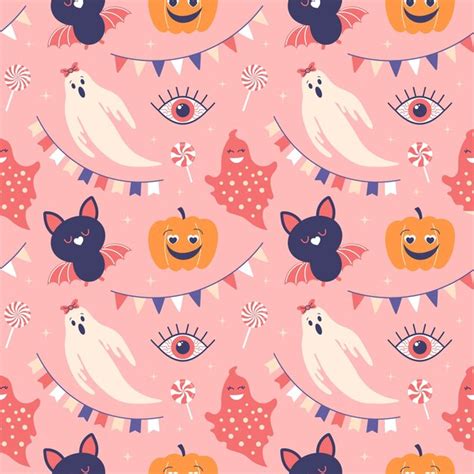 Premium Vector Seamless Halloween Pattern With Cute Ghosts Pumpkins