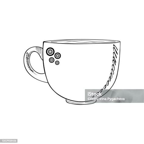 흰색 고립 된 배경에 뜨거운 음료를 위해 손으로 그린 세라믹 컵 흑백 그래픽 스타일로 일러스트레이션 낙서 그것은 직물 종이 및 기타 표면의 장식에 사용할 수 있습니다 검은