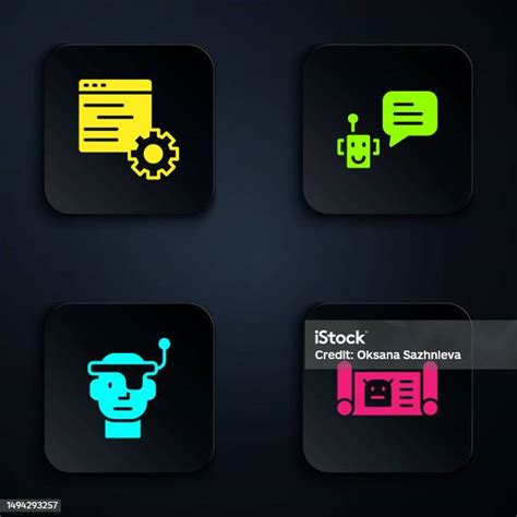 Set Robot Blueprint Computer Api Interface Smart Glasses And Bot Black Square Button Vector