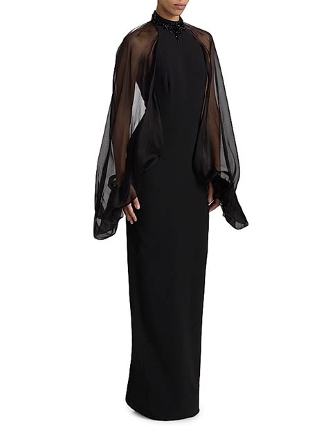 Pamella Roland Beaded Organza Sleeve Column Gown Saks Fifth Avenue