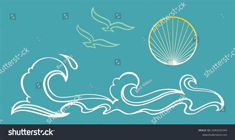 Sea Wave Bird Sun Line Art Stock Vector Royalty Free 2242032343 Shutterstock