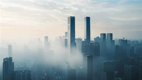 Urban Skyline Emerging From Morning Fog Blanket Stock Footage Video