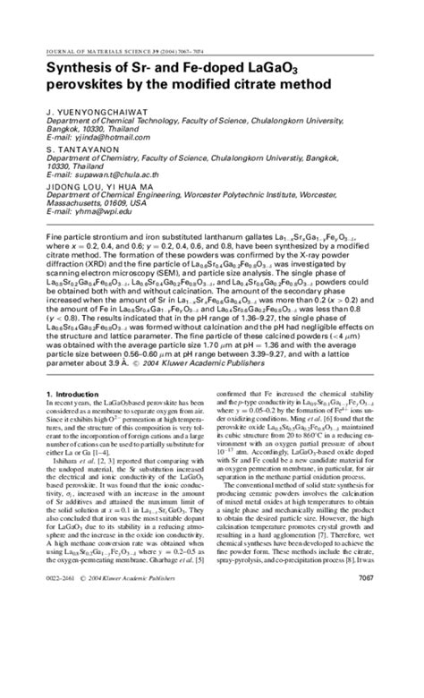 Pdf Synthesis Of Sr And Fe Doped Lagao3perovskites By The Modified