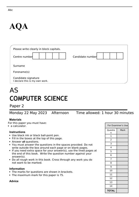 Aqa As Computer Science Paper 1 And 2 May 2023 Question Papers And Mark