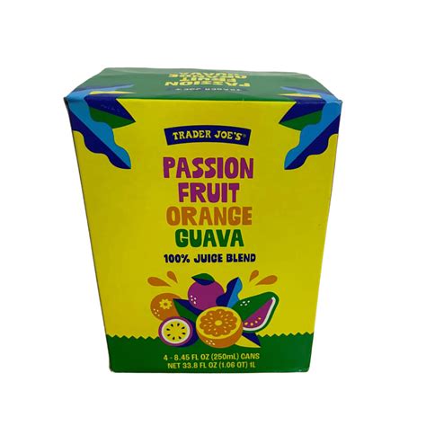 Trader Joes Passion Fruit Orange Guava 100 Juice Blend 4 Pack Cans