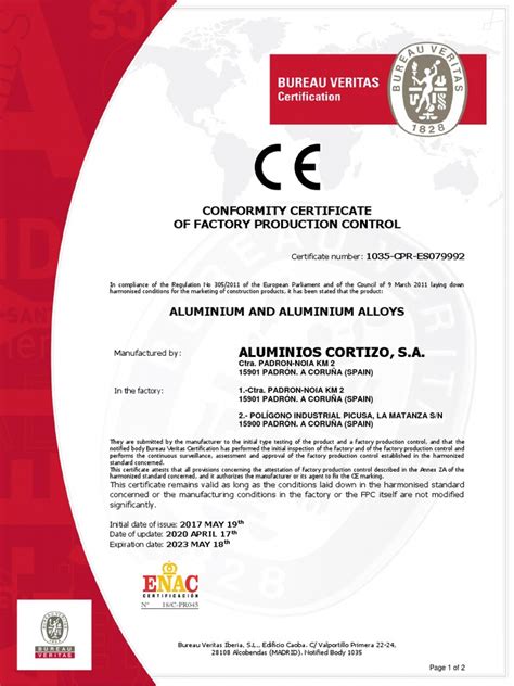 Conformity Certificate Of Factory Production Control Aluminios Cortizo Sa Pdf European