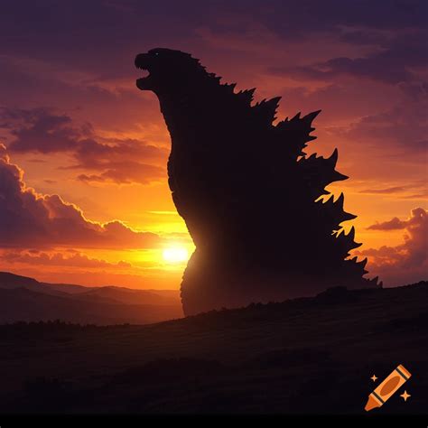 A Dark Silhouette Of Godzilla Stands On A Hill Against A Dramatic