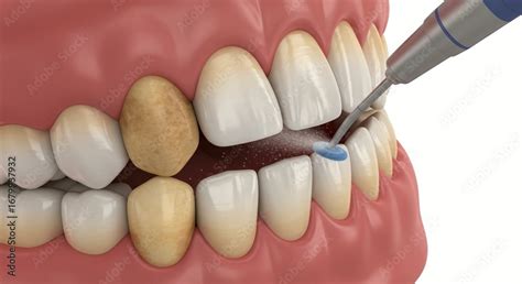 Dental Cleaning With Scaler And Spray Showing Scale Removal One Molar