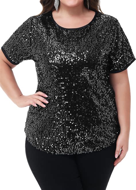 Womens Sequin Tops Plus Size Round Neck Sparkle Glitter Short Sleeve Party Tunic Blouse