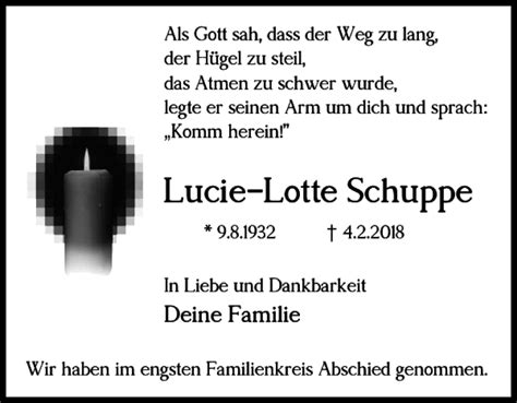 Traueranzeigen Von Lucie Lotte Schuppe Trauer38de