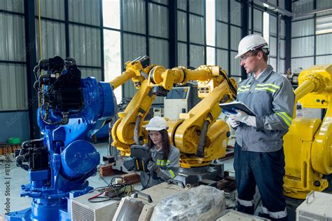 Engineer Inspection Control A Robot Arm Welding Machine With A Remote