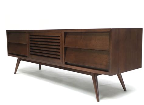 Solid Walnut Mid Century Modern Tv Stand Storage Drawers And Dropdown