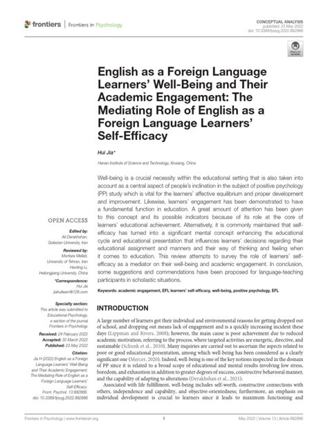 English As A Foreign Language Learners Well Being And Their Academic Engagement The Mediating