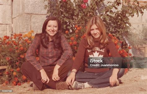 Image Taken In The 70s Smiling Young Lesbian Women Posing Sitting On