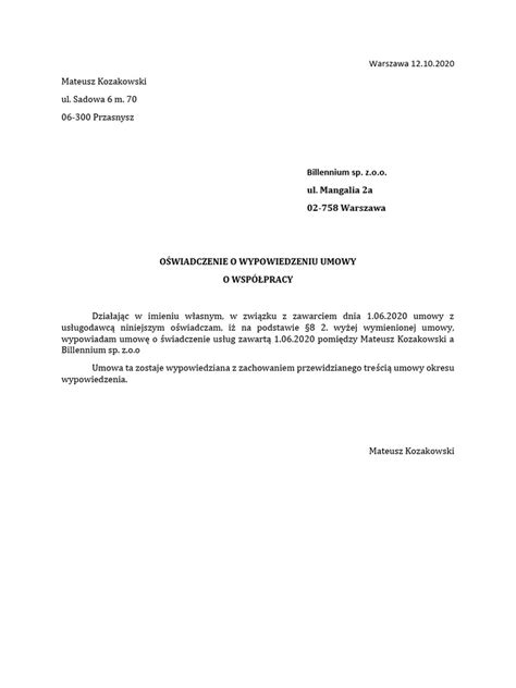 Wzór Wypowiedzenie Umowy Pdf