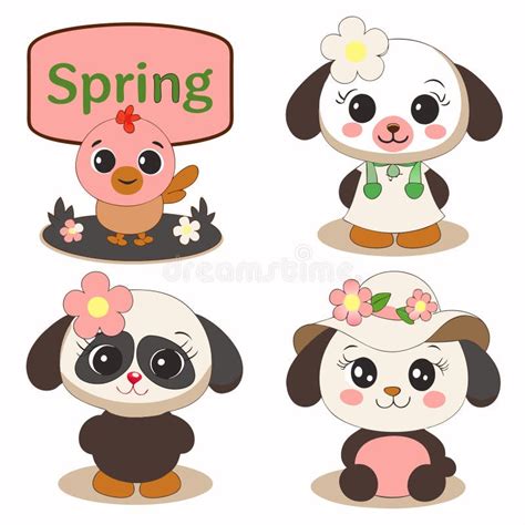 Cute Spring Animals Bird Panda Dogs Stock Vector Illustration Of