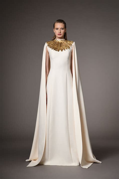 Ivory White Cape Dress With Gold Feathers