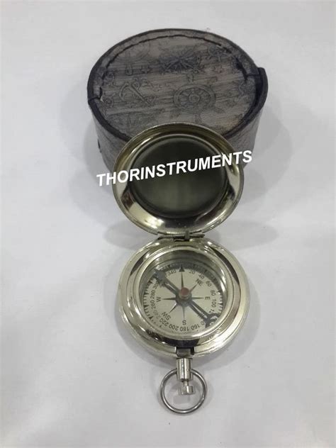 Nautical Push Button Compass With Black Antique Leather Case Decor T