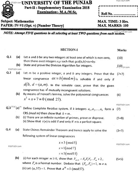 Msc Part 2 Mathematics Number Theory Past Paper 2018 Punjab University