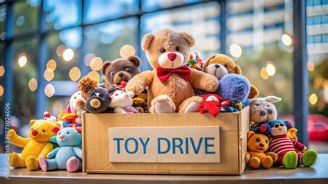 Zdjęcie Stock Toy Drive Donation Box With Assorted Plush Toys
