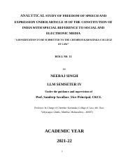 Analytical Study Of Freedom Of Speech And Expression Under Article 19