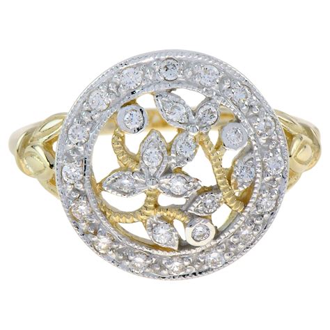 Diamond Cluster Floral Leaves Filigree Vintage Style Ring In 14k Two