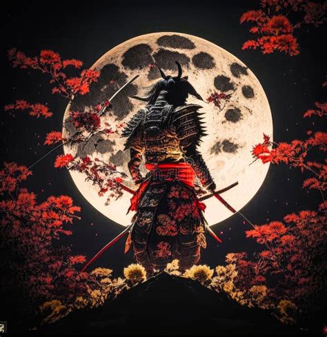Japanese Proud Assassin Against The Backdrop Of A Fantastic Moon Stock