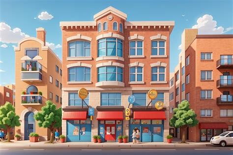 Premium Photo Cute Downtown Apartment Building With Funny Cartoon Illustration