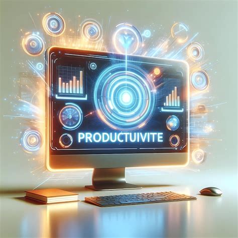 hightech 3d desktop computer with holographic dashboard and