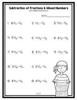 Add Subtract Fractions Mixed Numbers With Unlike Denominators Printable