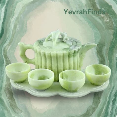 Hand Carved Jade Tea Set Natural Jade Teapot With 4 Teacups Stone Crystal Geode Fu Tea Coffee