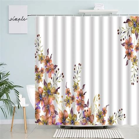 Floral Plants Shower Curtains Watercolor Flowers Blue Green Leaves Bath