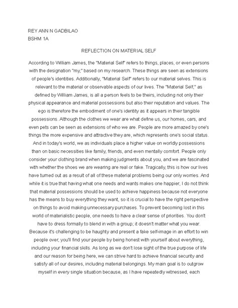 Reflection Paper Rey Ann N Gadbilao Bshm 1a Reflection On Material Self According To William