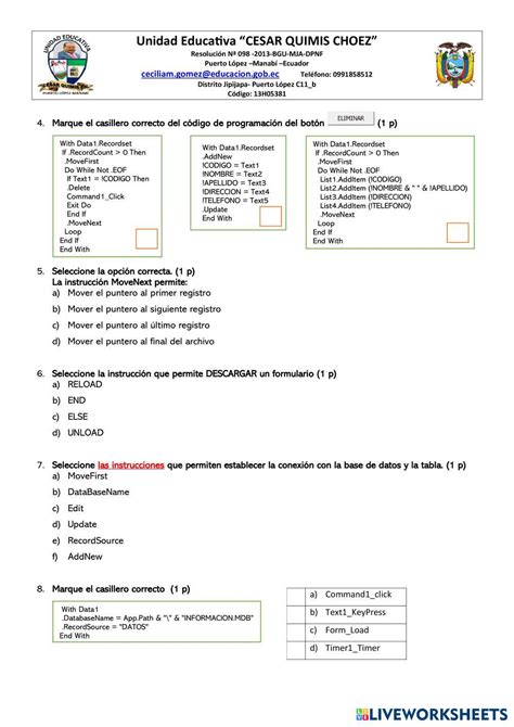 Examen De Programación Y Bases De Datos Live Worksheets