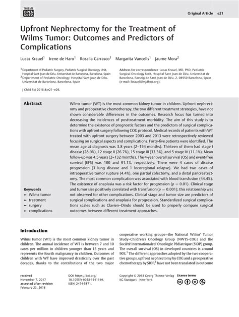 Full Article Upfront Nephrectomy For The Treatment Of Wilms Tumor Outcomes And Predictors Of