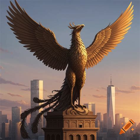 Golden Phoenix Statue On A Building Overlooking A City Skyline At