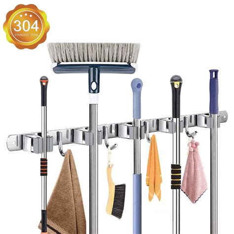 Fabulas Stainless Steel Wall Mount Broom Holder 5 Racks 4 Hooks For