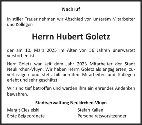Traueranzeigen Von Hubert Goletz Trauer In Nrwde