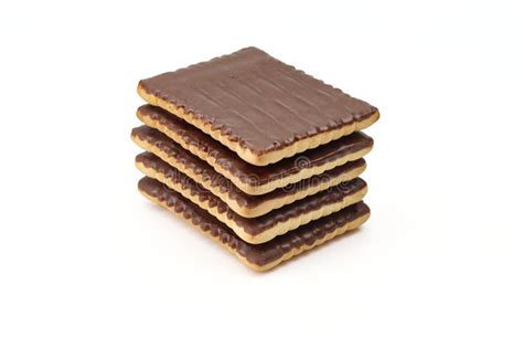 Stack Of Rectangle Shape Chocolate Covered Biscuits Isolated On White