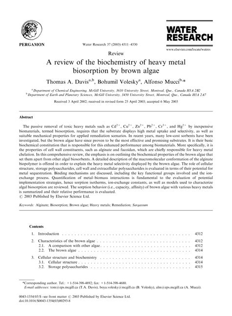 Pdf A Review On Biochemistry Of Heavy Metal Biosorption By Brown Algae