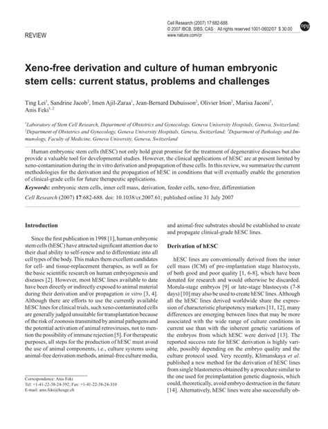 Pdf Xeno Free Derivation And Culture Of Human Embryonic Stem Cells