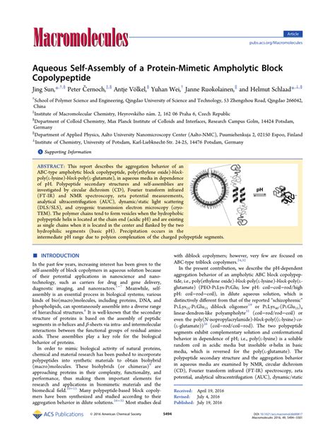 Pdf Aqueous Self Assembly Of A Protein Mimetic Ampholytic Block
