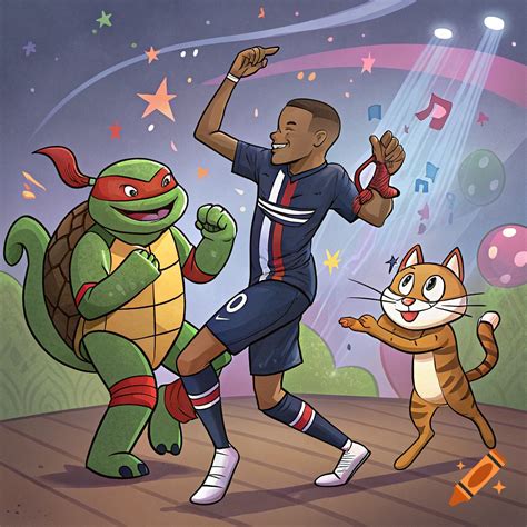 Cartoon Illustration Of Mbappe Dancing With A Teenage Mutant Ninja
