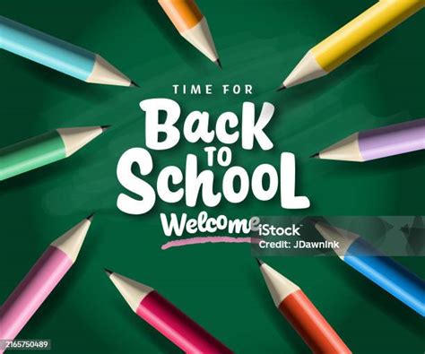 돌아 가기 환영 포스터 전단지 배너 템플릿 디자인 텍스트 레이아웃과 칠판 질감에 3d 색연필 아이콘 0명에 대한 스톡 벡터 아트 및 기타 이미지 Istock
